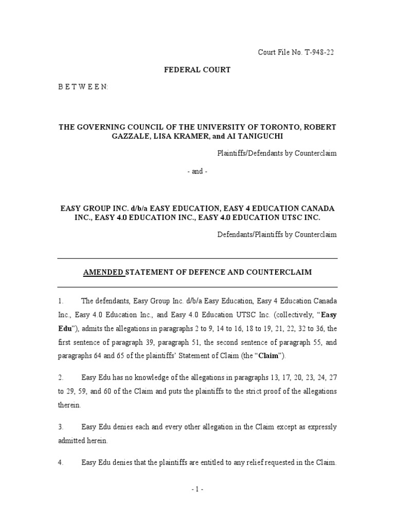 AMENDED Statement of Defence and Counterclaim - Defendant - Easy Group ...
