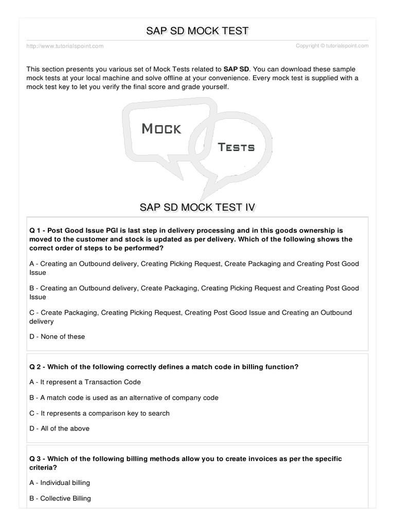 Sap SD Mock Test IV | PDF | Sales | Invoice