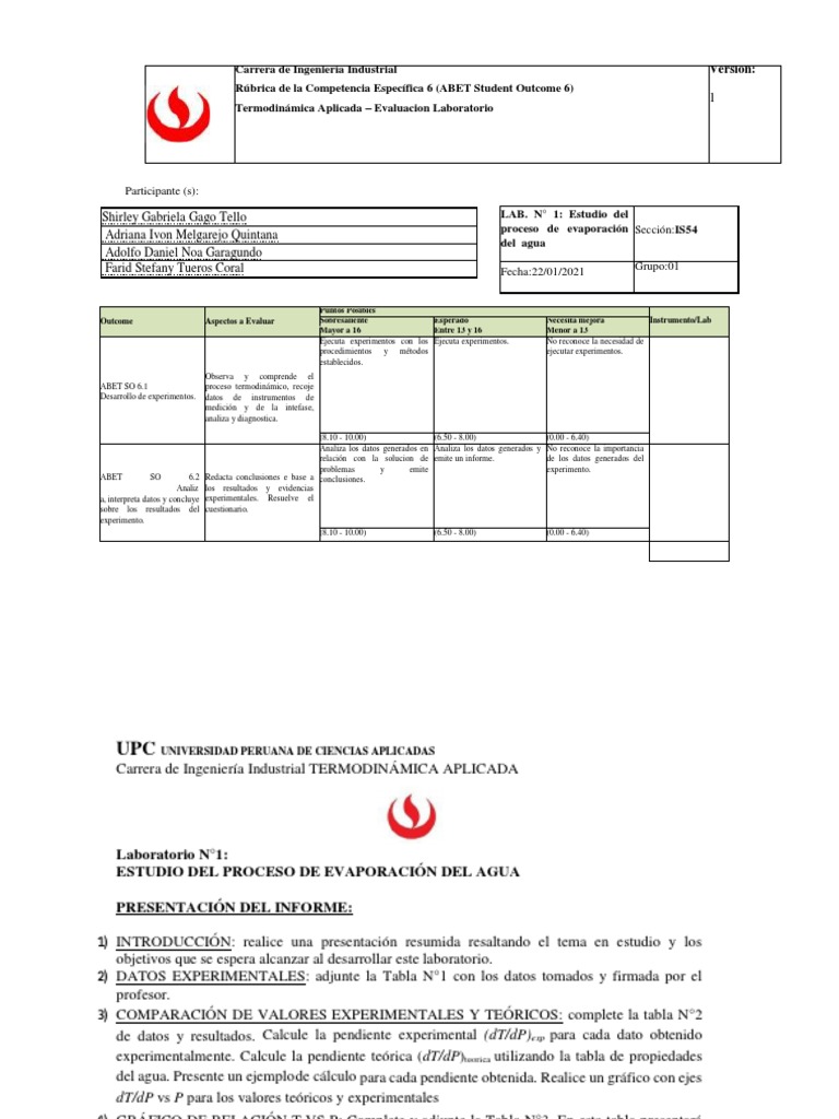 Laboratorio N°1 Termodinamica Grupo1 | PDF | Vapor de agua | Líquidos