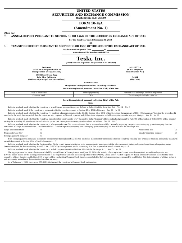 Tesla 1 | PDF | Form 10 K | Compensation And Benefits