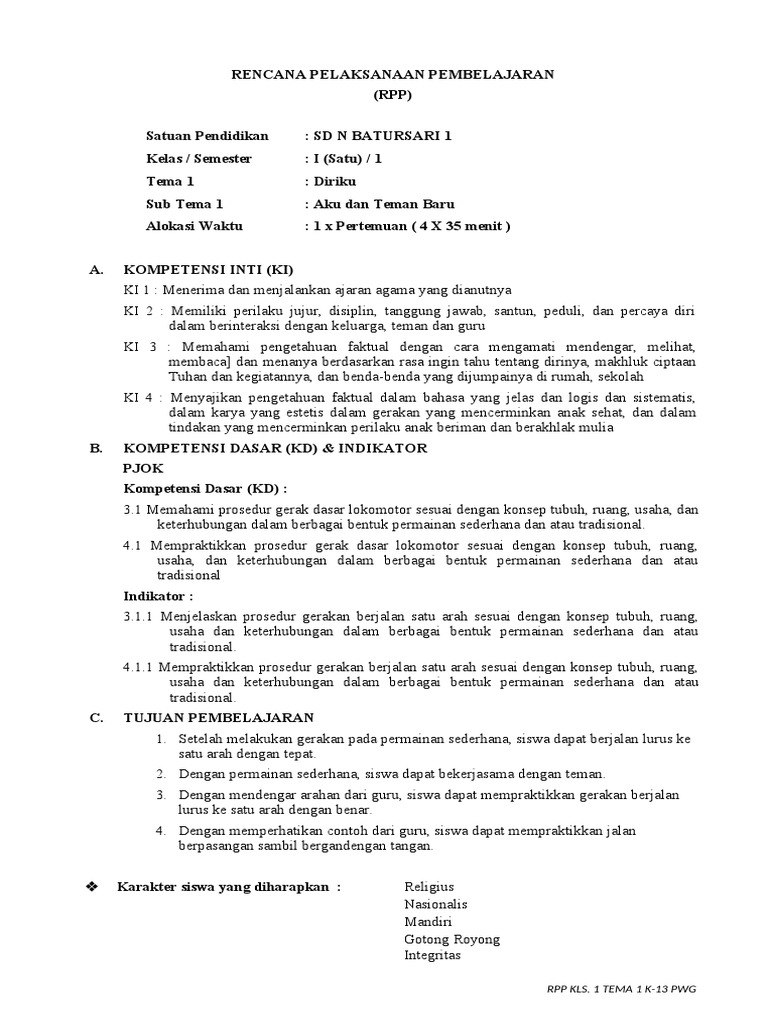 Contoh RPP Kelas 1 | PDF