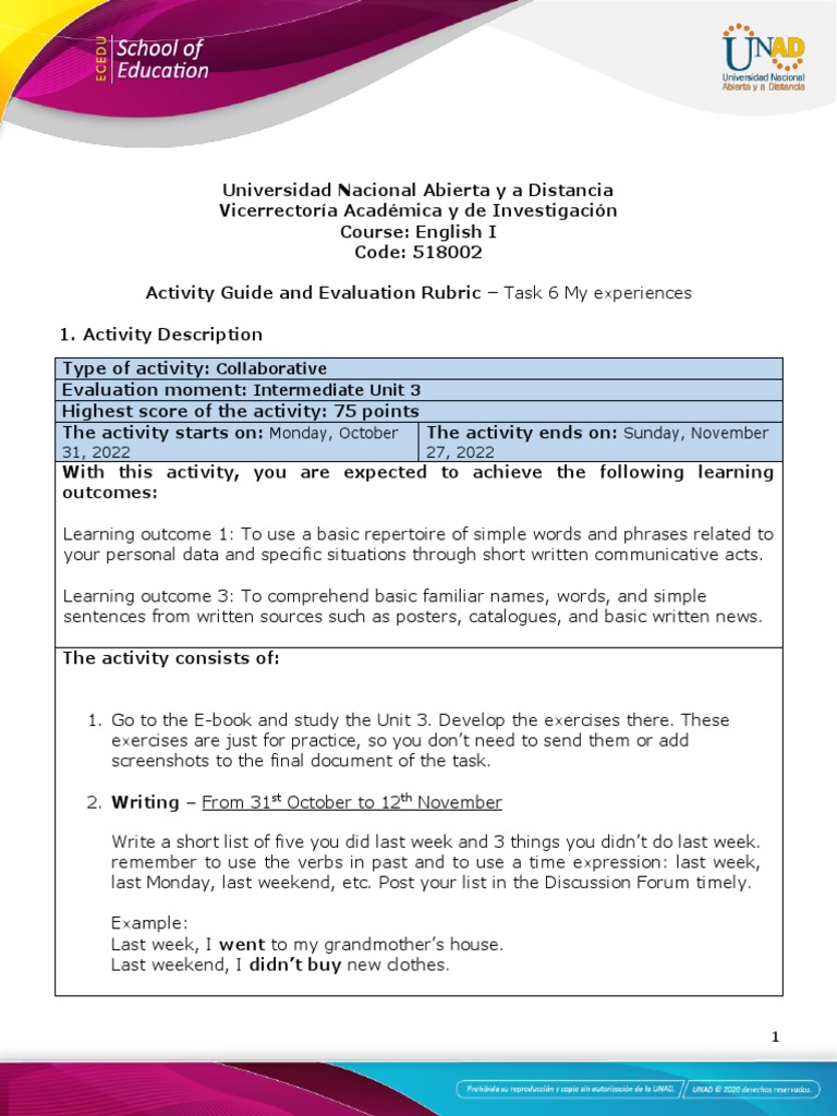 Activity Guide and Evaluation Rubric - Unit 3 - Task 6 - My Experiences ... Activity Guide and Evaluation Rubric - Unit 3 - Task 6 - My Experiences ...