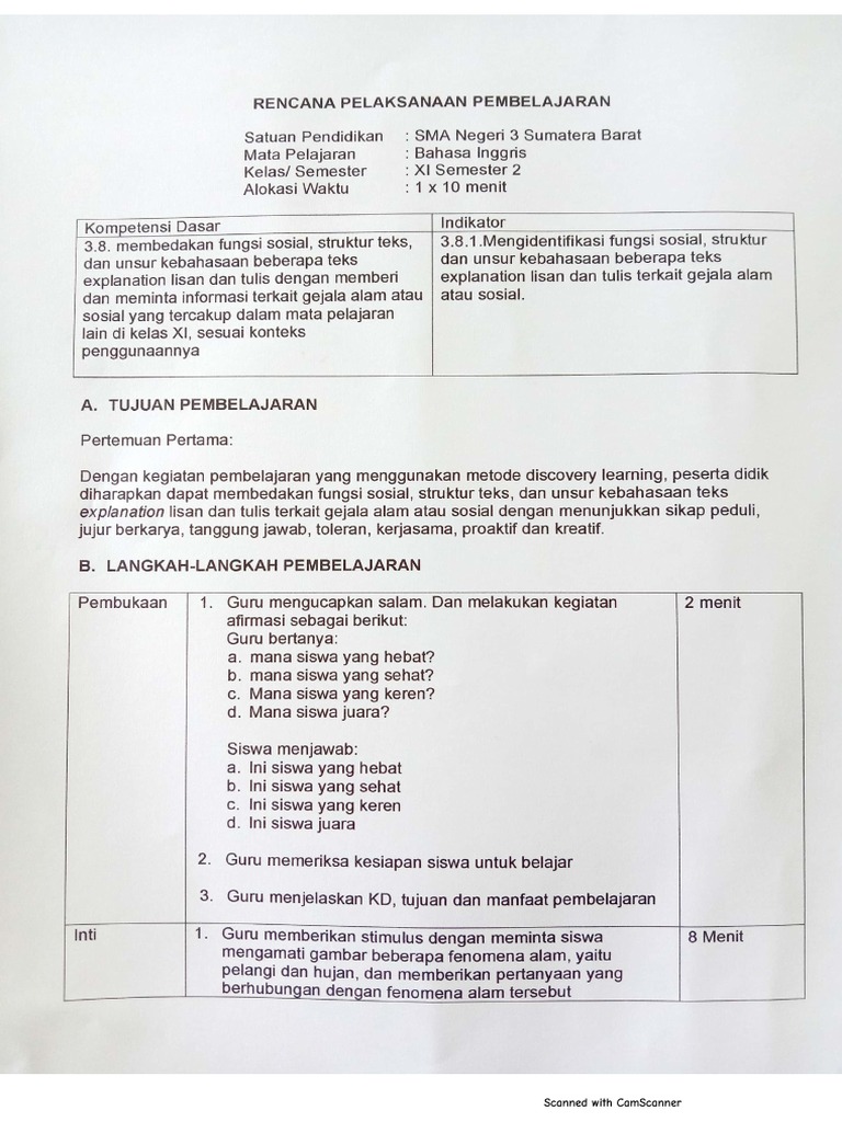 RPP Bahasa Inggris Kelas Xi Kd38 Explanation Text | PDF
