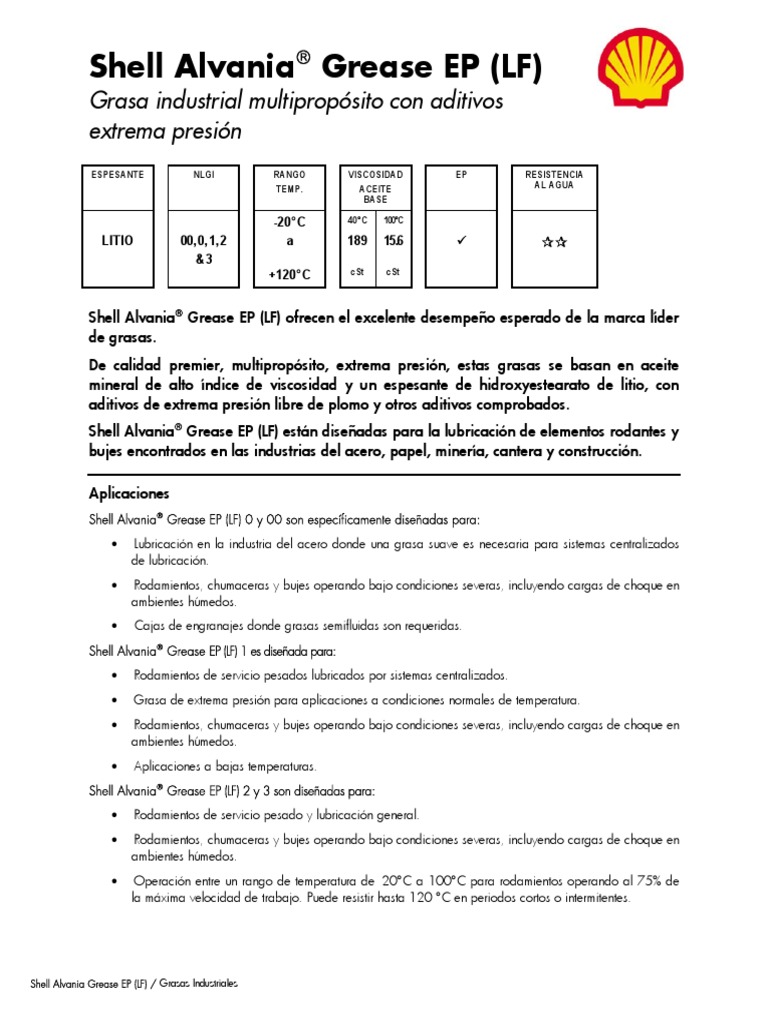 Grasa Shell Alvania EP: Ficha Técnica | PDF | Lubricante | Agua