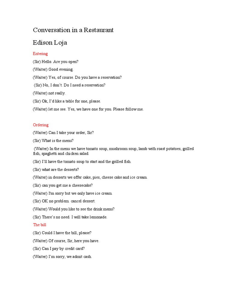 Conversation in A Restaurant | PDF