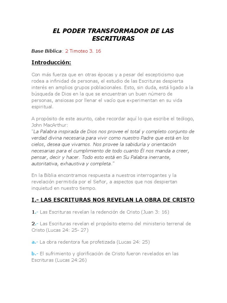 El Poder Transformador de Las Escrituras | PDF | Biblia | Cristo (título)