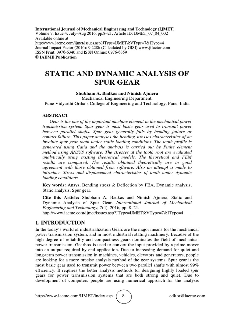 Static and Dynamic Analysis of Spur Gear | PDF | Bending | Gear