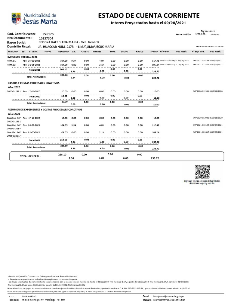 Estado de Cuenta Corriente: Interes Proyectados Hasta El 09/08/2021 ...