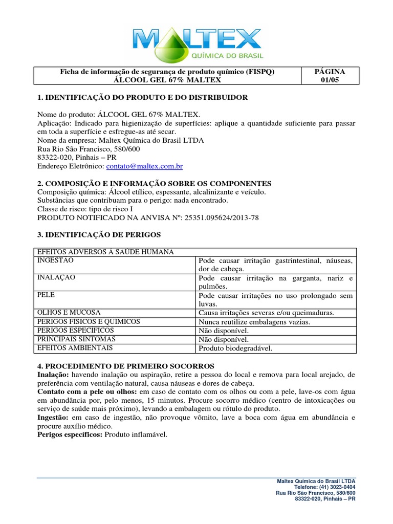 Ficha de Informação de Segurança de Produto Químico (FISPQ) ÁLCOOL GEL ...
