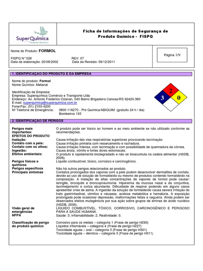 Ficha de Informações de Segurança de Produto Químico - FISPQ | PDF ...