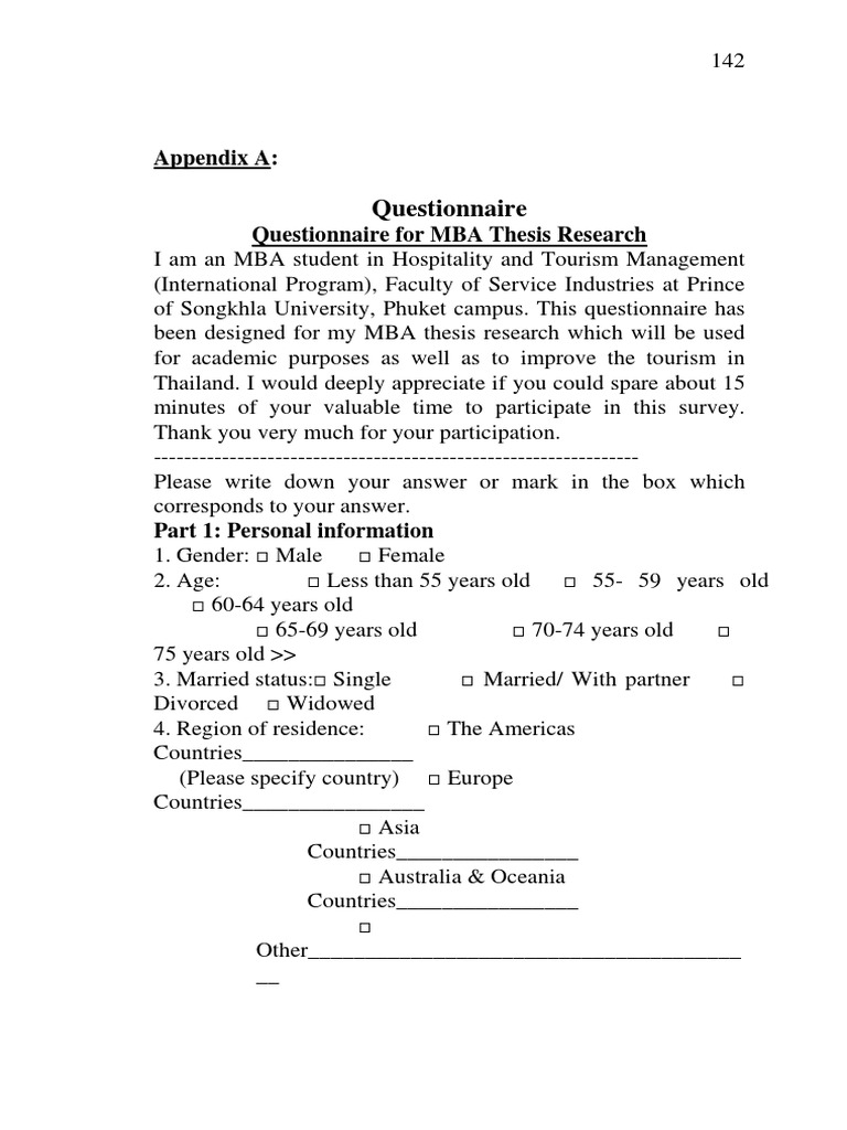 Questionnaire: Appendix A | PDF | Tourism | Thailand