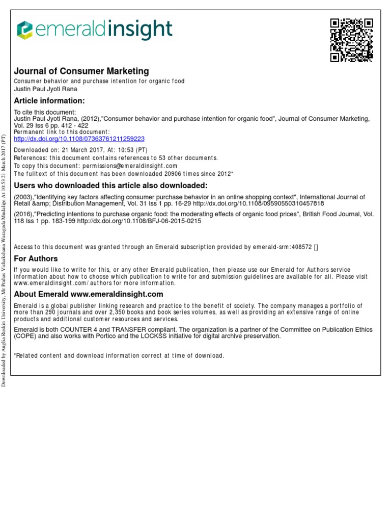 Consumer Behaviour And Purchase Intention For Organic Food Pdf