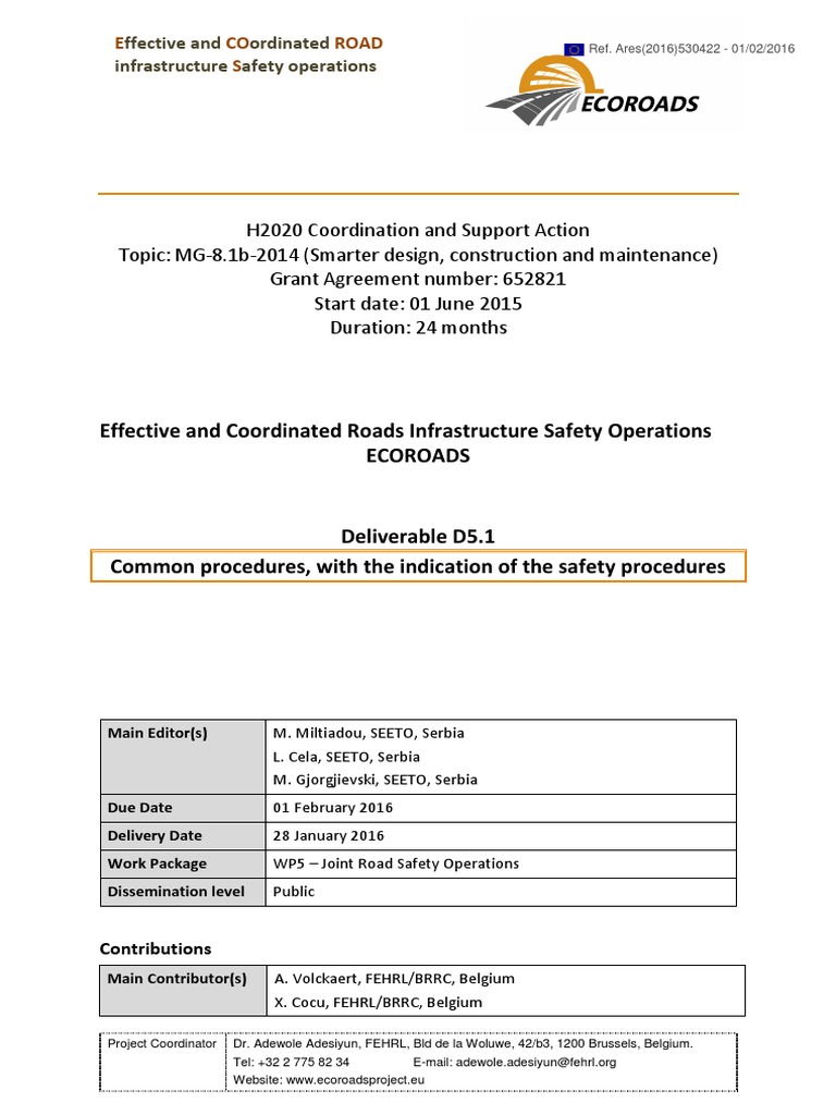 Deliverable 5.1 Common Procedures With The Indication of The Safety ...