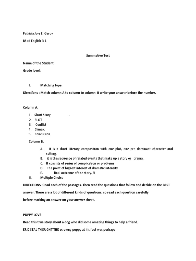 English Summative Test: Short Stories & Dinosaurs | PDF | General Fiction