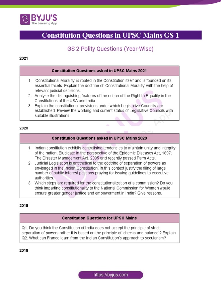 Constitution Questions in UPSC Mains GS 1 2013 2021 | PDF ...
