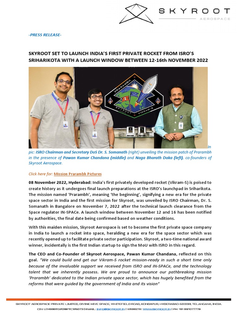 Skyroot - Prarambh - First Launch Mission - PressRelease | PDF | Space ...