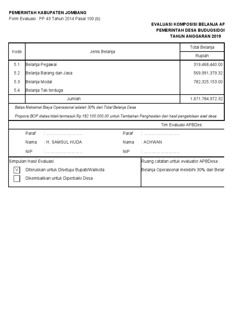 Evaluasi APBDes 2019 Jombang | PDF