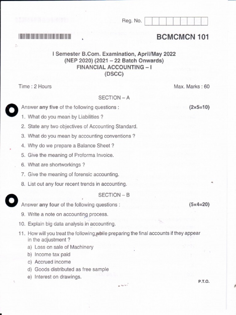 BCOM I Semester Financial Accounting-1 NEP April 2022 | PDF