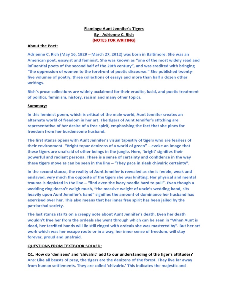 XII-Flamingo-Poem-Aunt Jennifer's Tigers-Notes | PDF