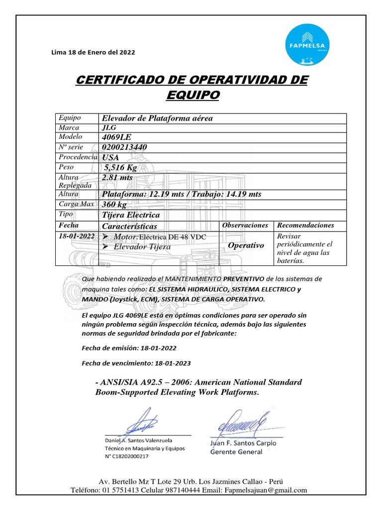 Certificado de Operatividad JLG 4069le | PDF