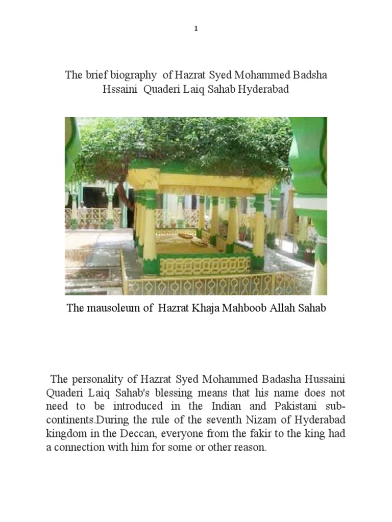 The Brief Biography of Hazrat Syed Mohammed Badasha Hussaini Quaderi Laiq Sahab Hyderabad | PDF ...