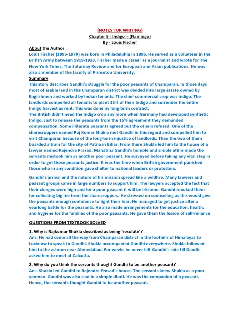 Chapter 5-Indigo (Flamingo) Notes | PDF | Mahatma Gandhi | Civil ...
