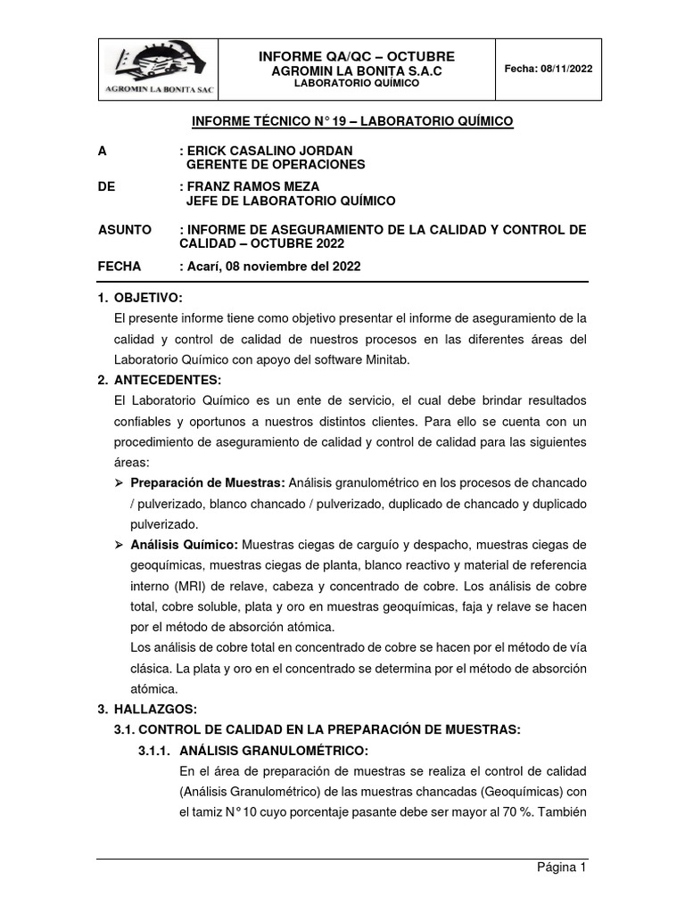 Informe Del Aseguramiento de La Calidad y Control de Calidad - OCTUBRE ...