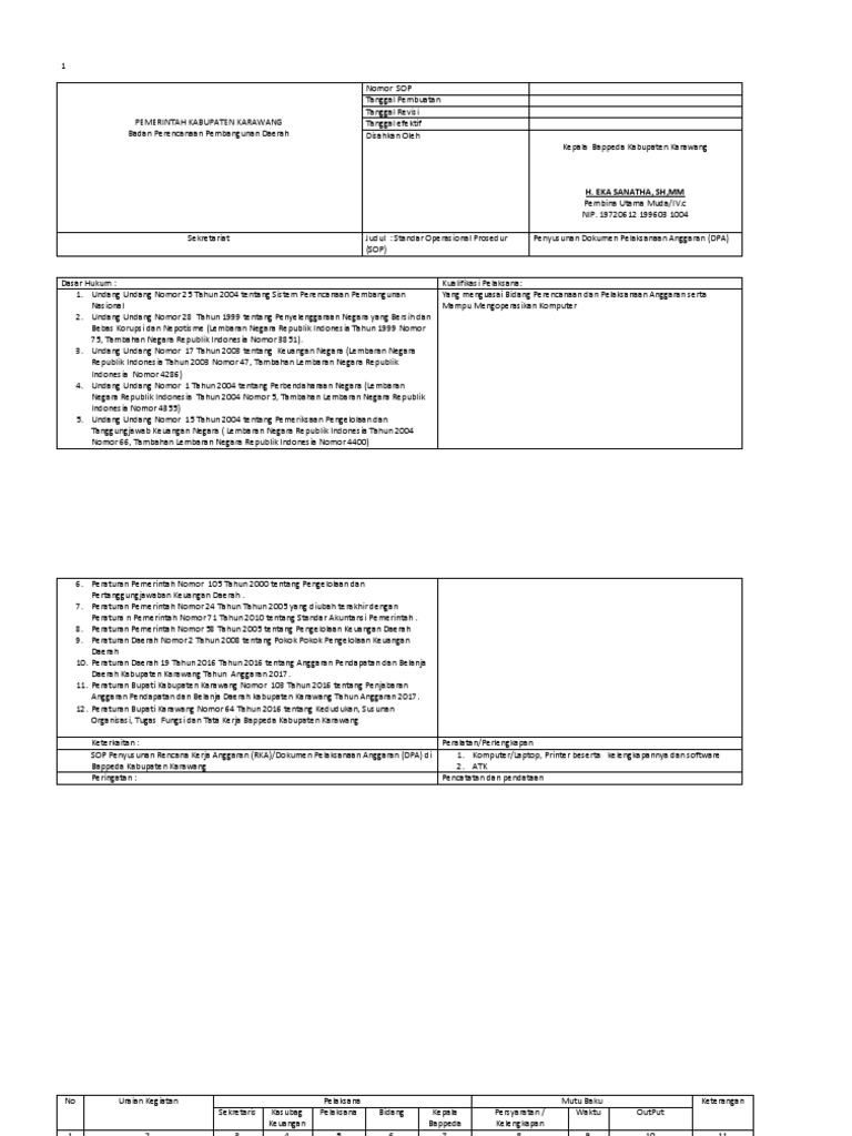 Sop Bappeda (KSB Keuangan) 2017 | PDF