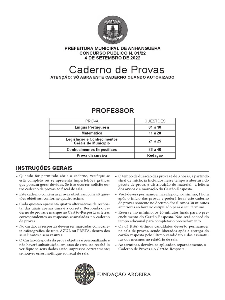 Caderno de Provas do Concurso Público no 01/22 da Prefeitura Municipal de Anhangüera | PDF ...