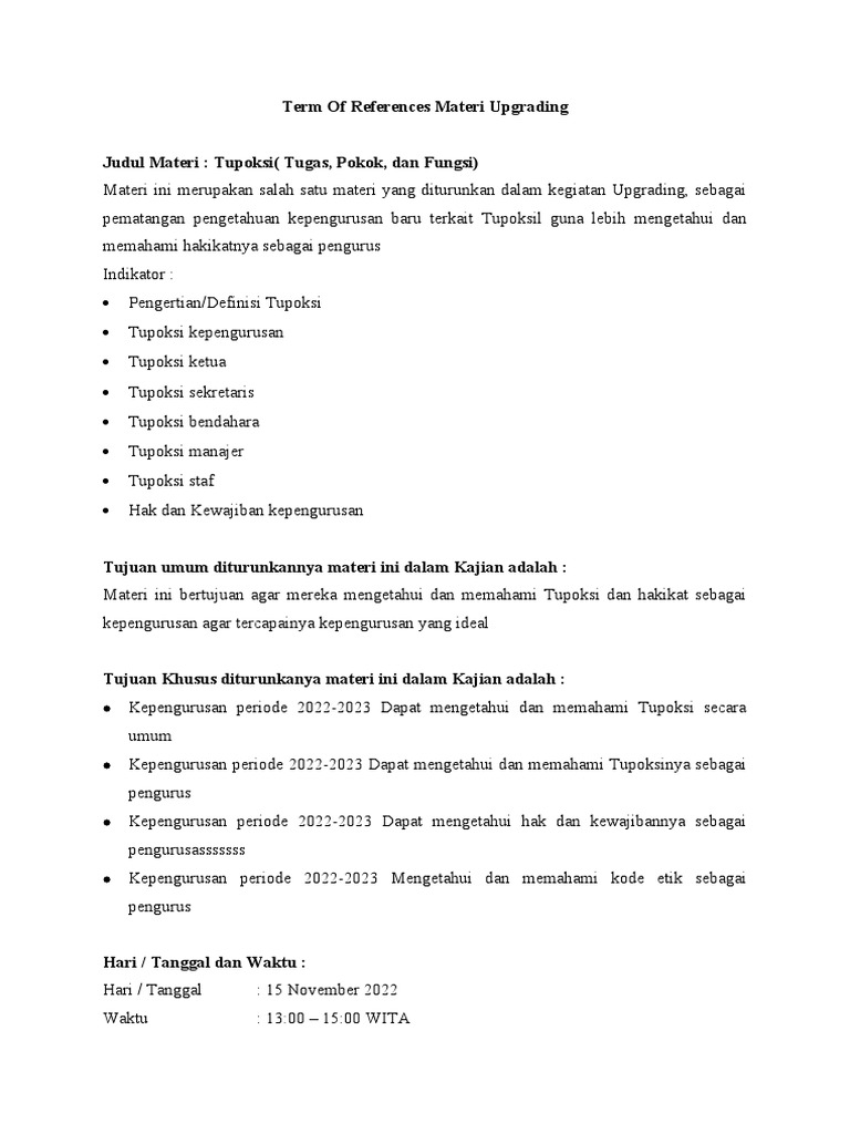 TOR TUPOKSI (Tugas, Pokok, Dan Fungsi) | PDF