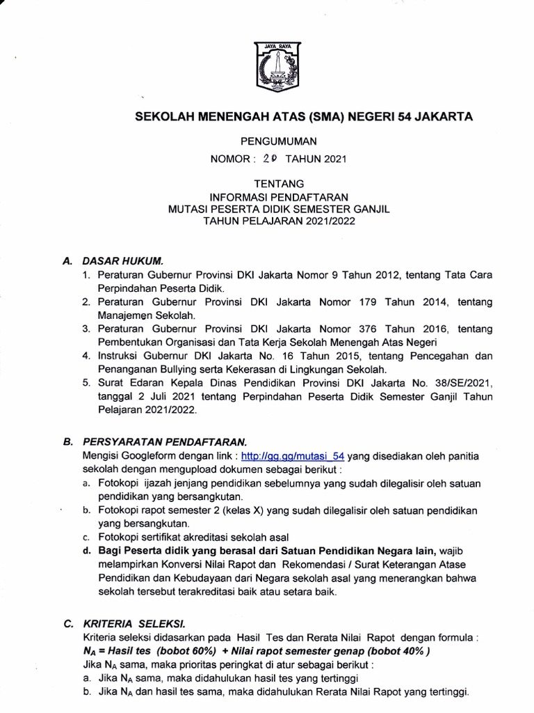 SK Informasi Mutasi Siswa SMAN 54 Jakarta 2021 | PDF
