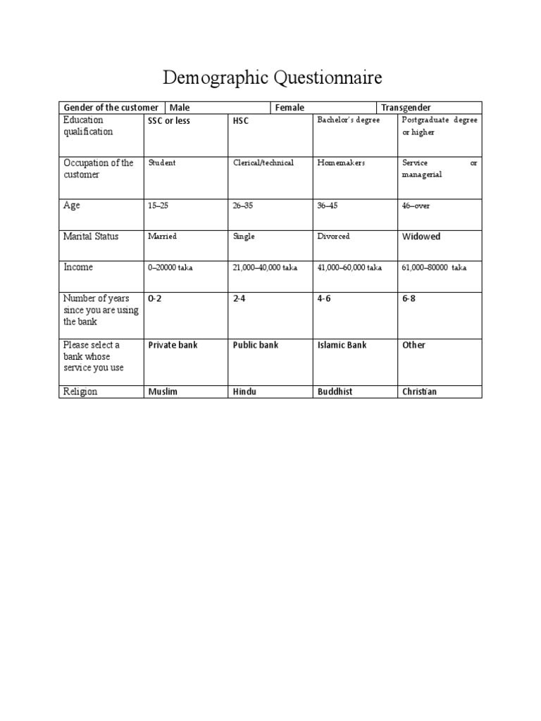 Demographic Questionnaire | PDF