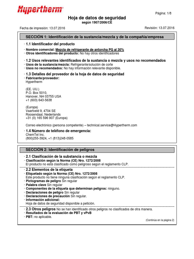 Hypertherm 30PG Torch Coolant Additive MSDS P N 028872 | PDF | Agua | Residuos