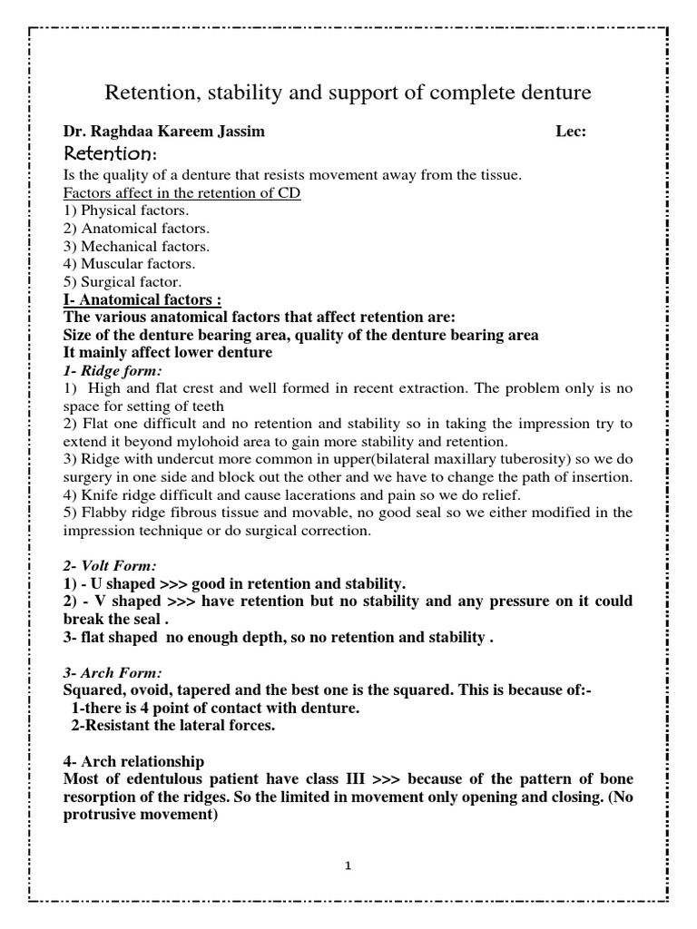 Retention and Stability of Complete Denture | PDF | Dentures | Bone