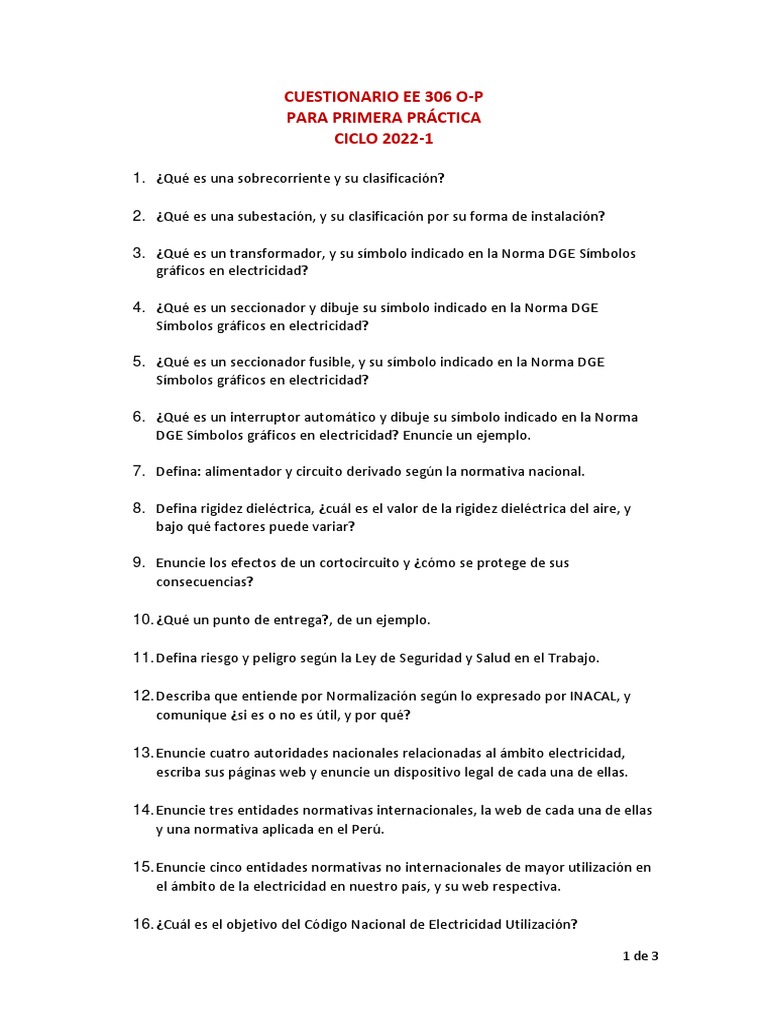Cuestionario Primera Práctica Ee 306 O-P | PDF | Electricidad | Ingenieria Eléctrica