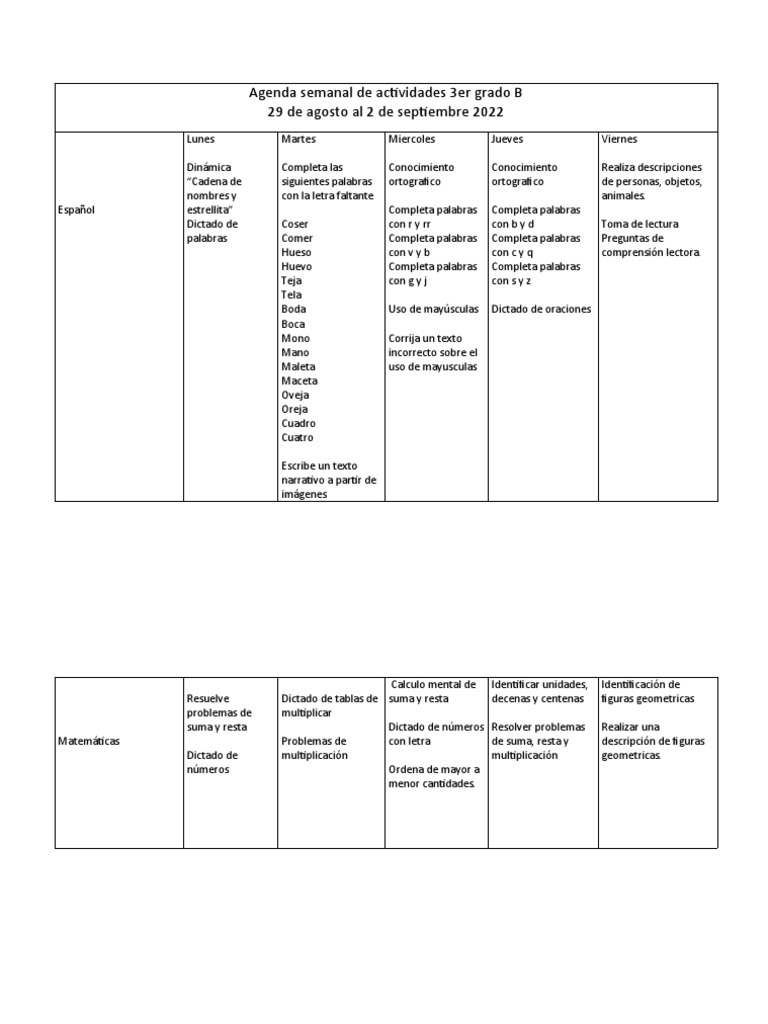 Agenda Semanal de Actividades 3er Grado B | PDF | Matemáticas