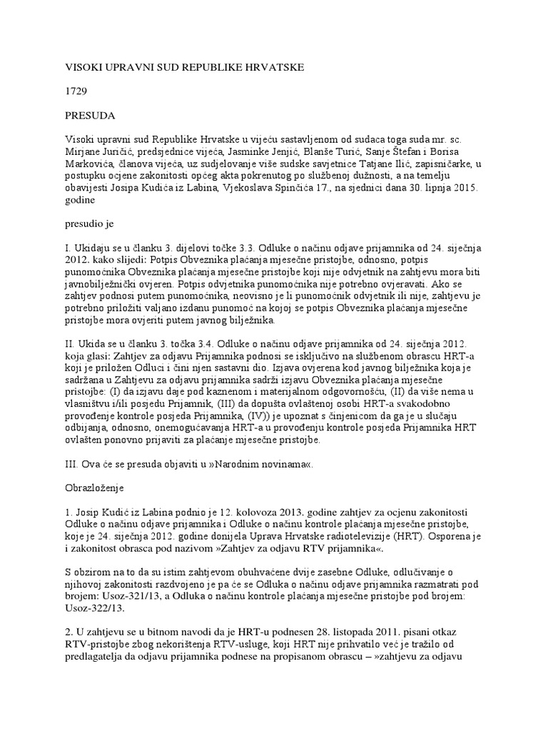 Visoki Upravni Sud - HRT - Odjava Prijemnika | PDF