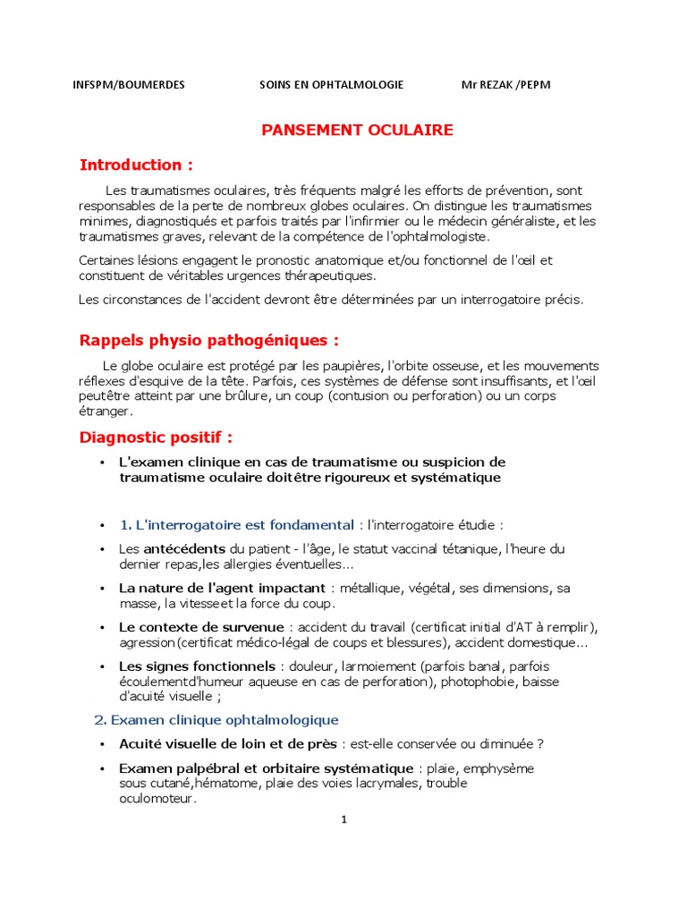 Pansement Oculaire | PDF | Ophtalmologie | Maladies et troubles
