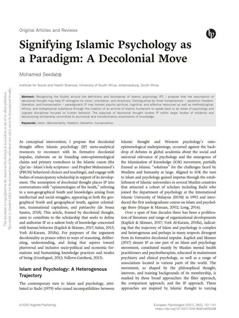 Signifying Islamic Psychology As A Paradigm - A Decolonial Move | PDF | Psychology | Thought