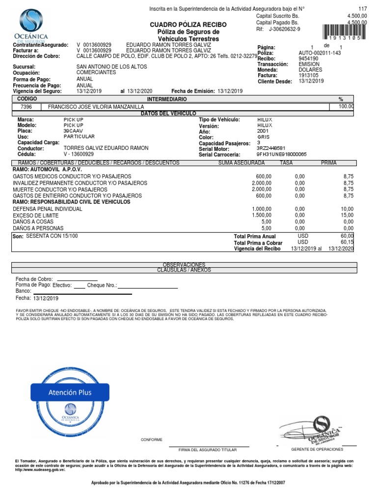1312 RCV Eduardo Torres A43bl6s | PDF | Póliza de seguros | Seguro