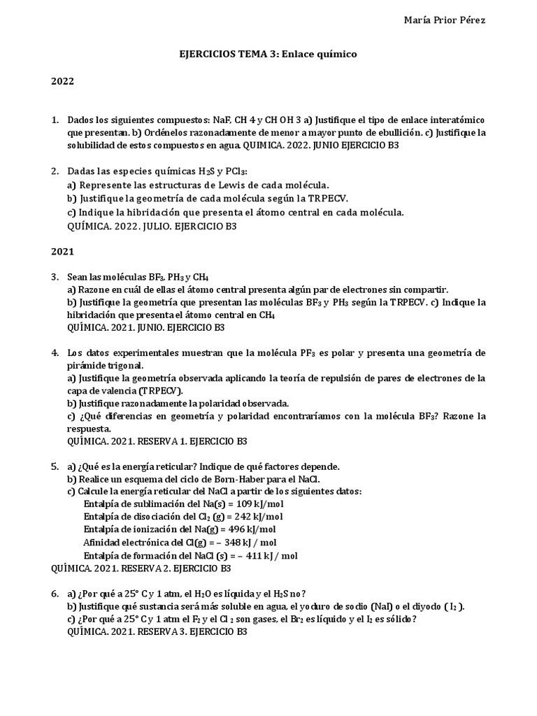 Ejercicios Tema 3 Enlace Quimico Pdf Enlace Químico Polaridad