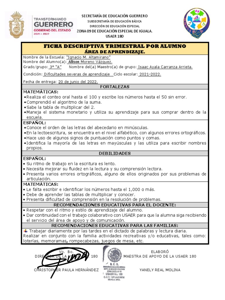 FICHA DESCRIPTIVA 3°A Final Junio 22-2 | PDF | Aprendizaje | Educación especial