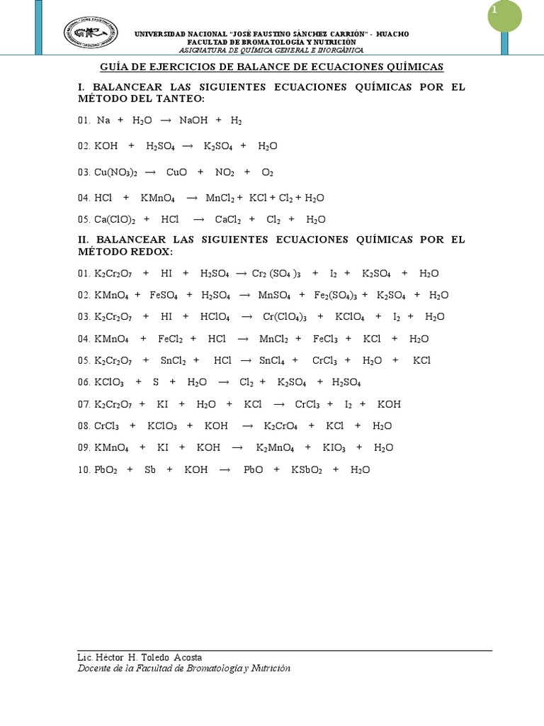 Guía de Ejercicios de Balance de Ecuaciones Químicas. | PDF