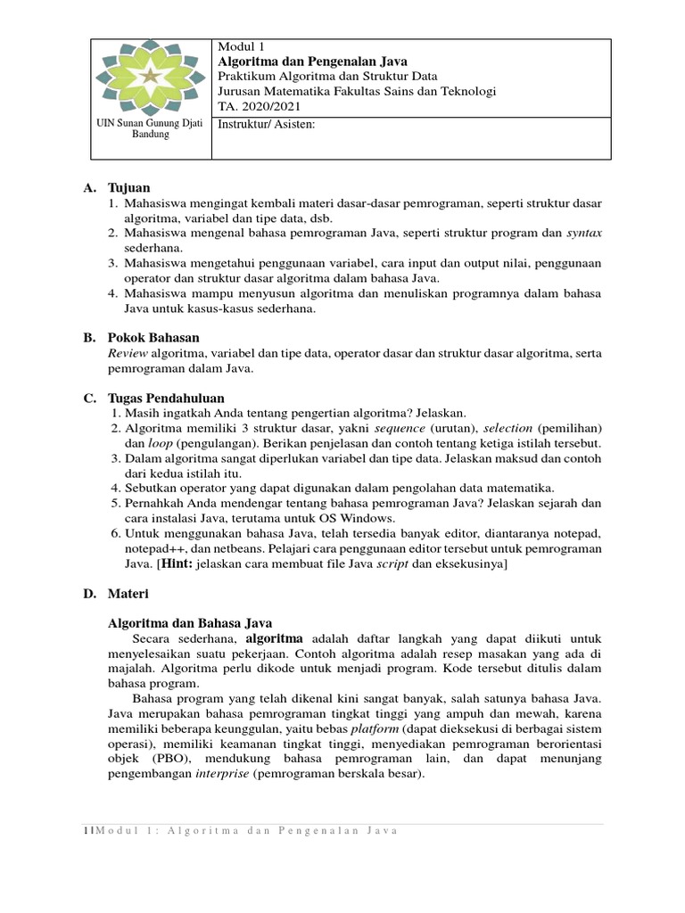 Salinan Modul 1 Algoritma Dan Pengenalan Java | PDF