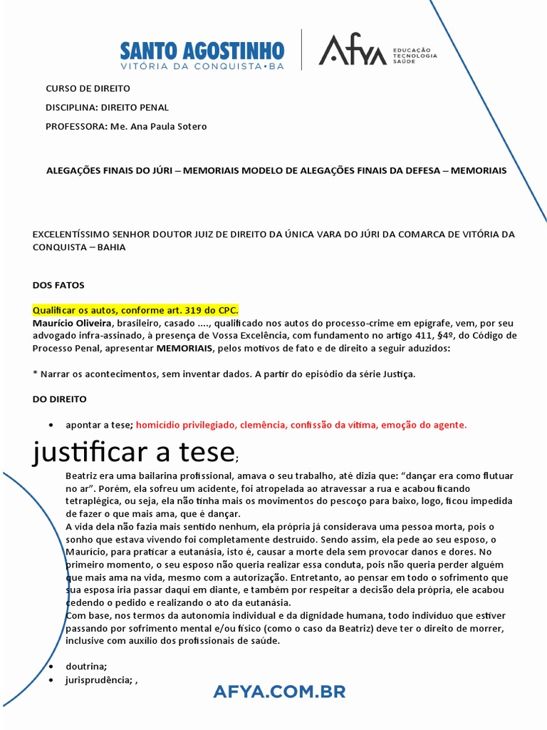 Modelo de Alegações Finais - Defesa | PDF | Homicídio | Procedimento ...