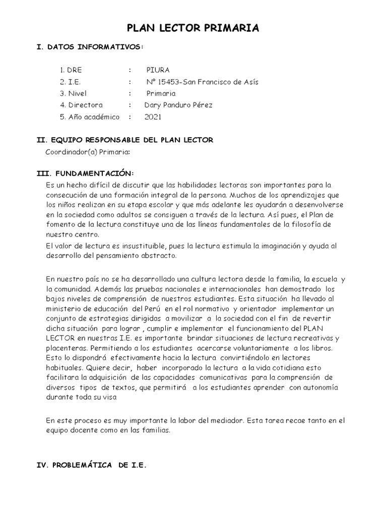 Plan Lector para Primaria 2021 | PDF | Educación primaria | Salón de clases