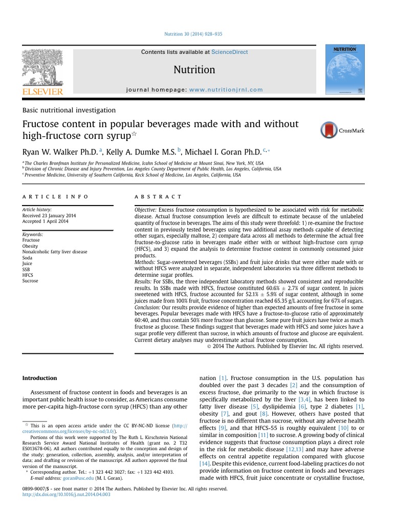 Fructose Content in Popular Beverages Made With and Without High 2014 ...