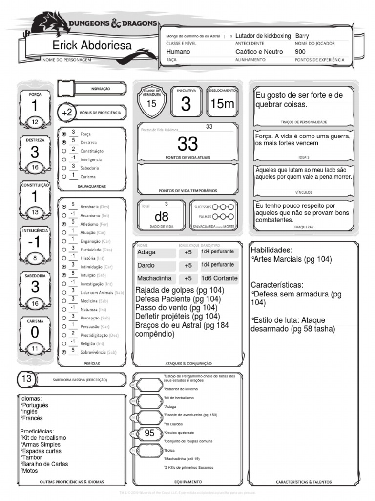 Ficha D&D (Erick) (Monge) (Humano) | PDF