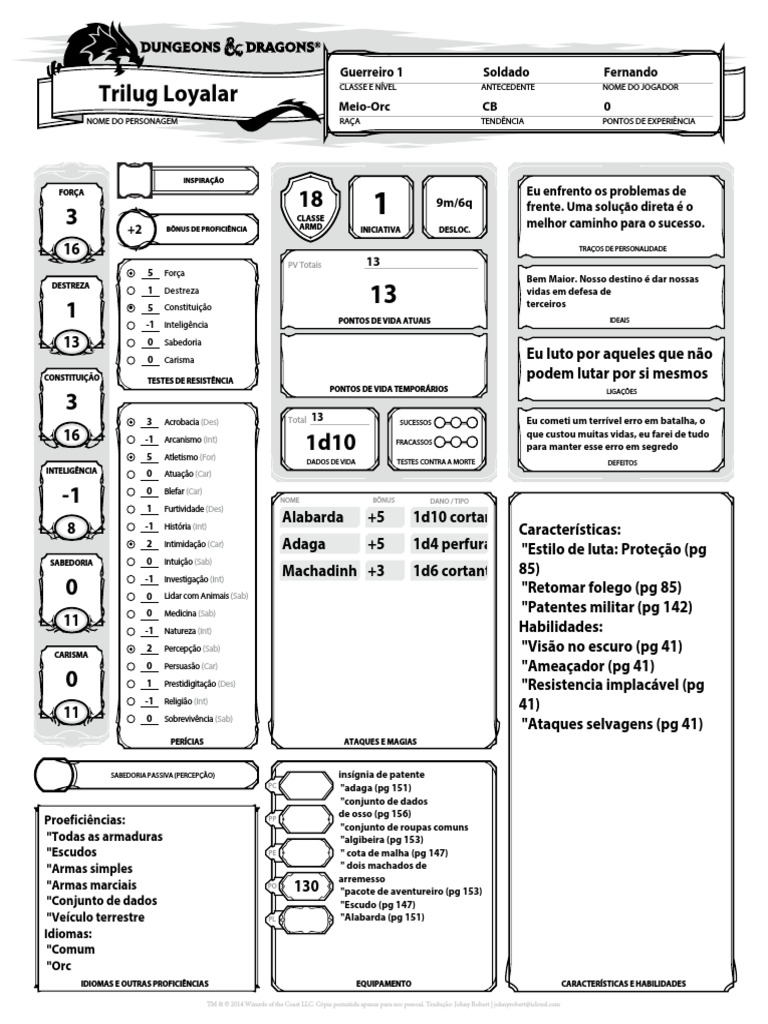 Ficha D&D (Trilug) (Guerreiro) (Meio-Orc) | PDF