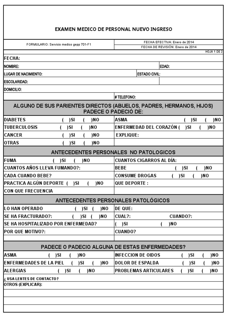 Servicio Medico FORMATO EXAMEN MEDICO DE INGRESO | PDF | Epidemiología ...